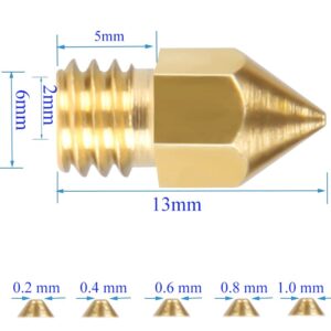 24pcs 3D Printer Extruder Nozzles,Ender 3 MK8 Brass Nozzle 0.2mm, 0.4mm, 0.6mm, 0.8mm, 1.0mm with Excellent Heat Conductivity, Compatible with Creality CR-10,Ender 3 v2, 3, 5, 3pro,Prusia i3 etc