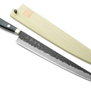 Yoshihiro Kurouchi Super Blue Steel Stainless Clad Sujihiki Slicer Chef Knife (9.5" (240mm) & Saya, Black Pakkawood Handle)