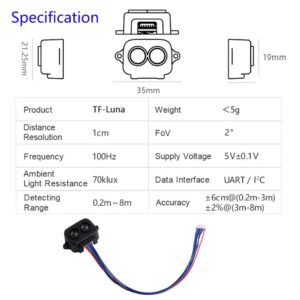 Wishiot TF-Luna LiDAR Range Finder Sensor 0.2m-8m Single-Point Ranging Module UART/I2C 5V with 6Pin Terminal to Dupont Cable for Arduino/RPi Pico/Pixhawk/WiFi_Lora_32