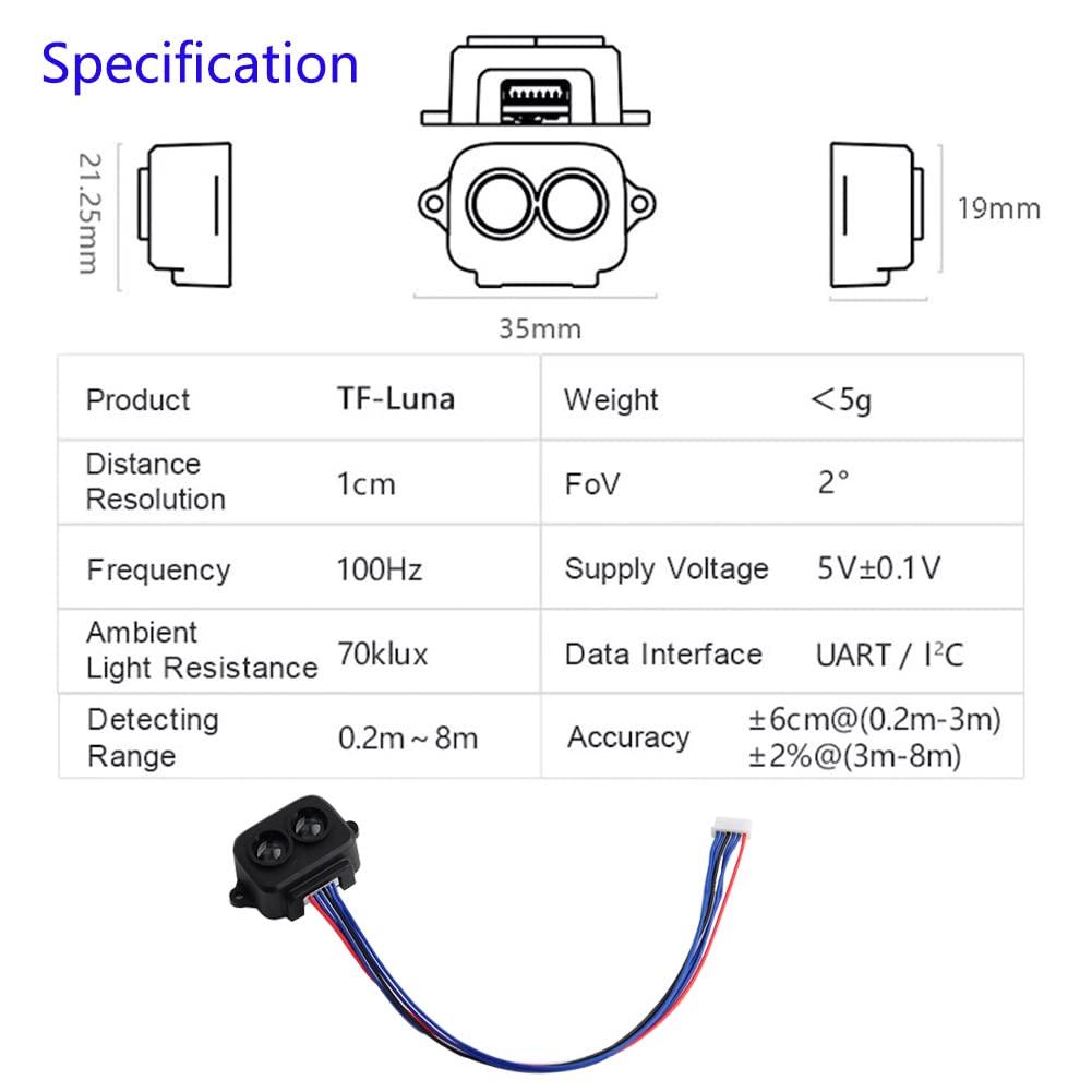 Wishiot TF-Luna LiDAR Range Finder Sensor 0.2m-8m Single-Point Ranging Module UART/I2C 5V with 6Pin Terminal to Dupont Cable for Arduino/RPi Pico/Pixhawk/WiFi_Lora_32