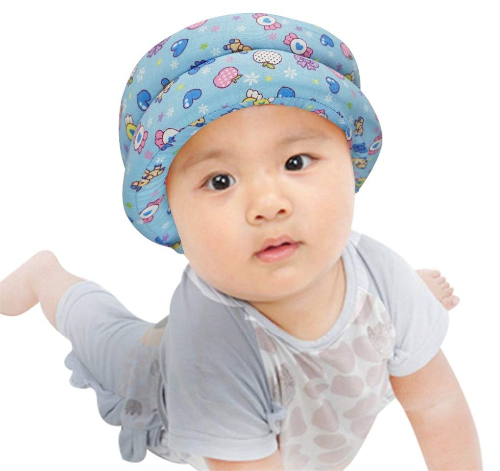 Baby Safety Helmet+2 Pairs Baby Crawling Knee Pads, Soft Comfortable Adjustable Baby Head Protective Cap Hat, Toddler Anti-Slip Knee Pads, for Baby Toddler Sitting Walking Climbing Running (Blue)