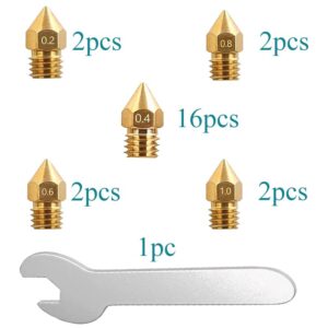 24pcs 3D Printer Extruder Nozzles,Ender 3 MK8 Brass Nozzle 0.2mm, 0.4mm, 0.6mm, 0.8mm, 1.0mm with Excellent Heat Conductivity, Compatible with Creality CR-10,Ender 3 v2, 3, 5, 3pro,Prusia i3 etc