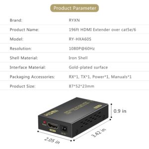 RYXN HDMI Extender Over Cat5e/6, HDMI Over Ethernet Extender 196ft, HDMI Balun Support HDMI 1.4 1080P 3D EDID, Adopting Single Power Supply POC Technology