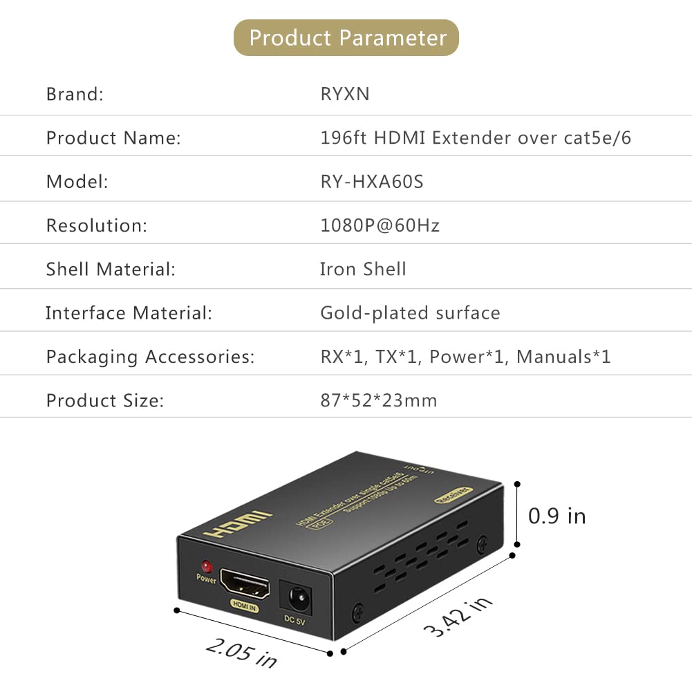 RYXN HDMI Extender Over Cat5e/6, HDMI Over Ethernet Extender 196ft, HDMI Balun Support HDMI 1.4 1080P 3D EDID, Adopting Single Power Supply POC Technology