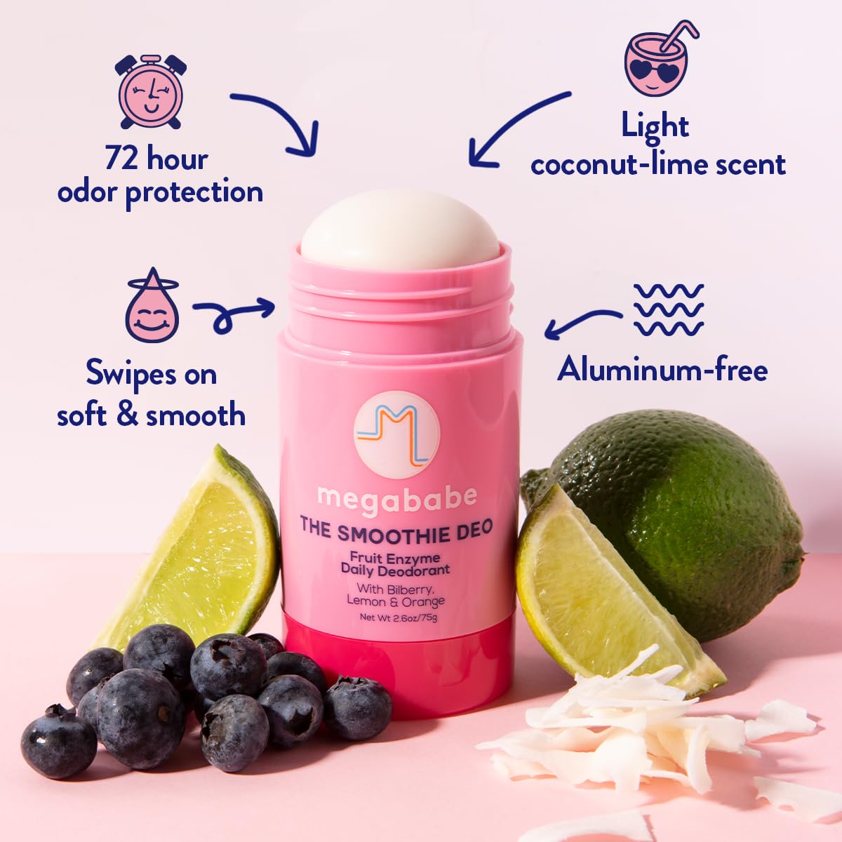 Megababe Daily Deodorant - The Smoothie Deo with Coconut & Fruit Enzymes | 72 hour Odor Protection | Aluminum-Free, All Natural | Free from Parabens, Sulfates & Phthalates | 2.6 oz