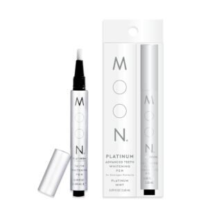 moon platinum teeth whitening pen, whitens teeth fast, gentle on sensitive teeth, 30+ uses, vegan, mint flavor