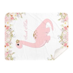 NZOOHY Pink Floral Girl Dinosaur Baby Blanket Personalized Girl Boy Soft Warm Newborn Throw Naps Swaddle Custom Blanket 30X40 in