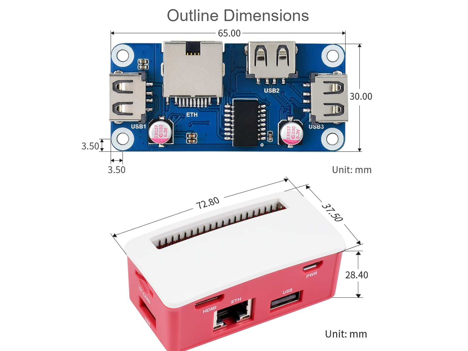 waveshare Ethernet/USB HUB HAT B with Box ABS Case for Raspberry Pi Zero/Zero W/2 W/Zero WH/2 WH,PC,with 1 RJ45 10/100M Ethernet Port, 3 USB Ports Compatible with USB2.0/1.1