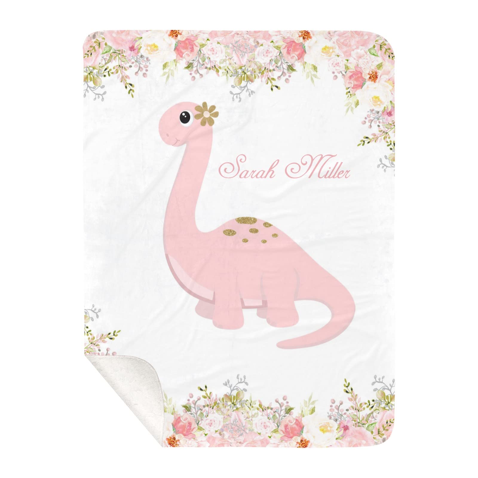 NZOOHY Pink Floral Girl Dinosaur Baby Blanket Personalized Girl Boy Soft Warm Newborn Throw Naps Swaddle Custom Blanket 30X40 in