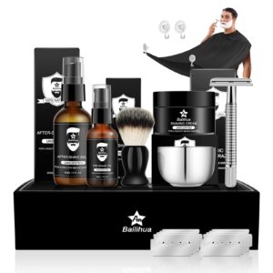 razor shaving kit for men, include safety razor, shaving cream, pre shave oil, aftershave balm for men, shaving brush & bowl, shaving apron bib gift sets for him boyfriend stocking fillers (unscented)