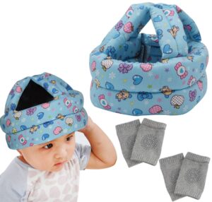 baby safety helmet+2 pairs baby crawling knee pads, soft comfortable adjustable baby head protective cap hat, toddler anti-slip knee pads, for baby toddler sitting walking climbing running (blue)