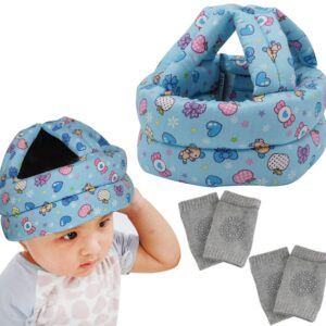 Baby Safety Helmet+2 Pairs Baby Crawling Knee Pads, Soft Comfortable Adjustable Baby Head Protective Cap Hat, Toddler Anti-Slip Knee Pads, for Baby Toddler Sitting Walking Climbing Running (Blue)