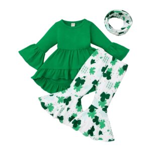 dubasam kids toddler baby girl st.patrick's day outfit pure green top dress+four leaf clover pants with scarf clothes (green+white, 9-12months)