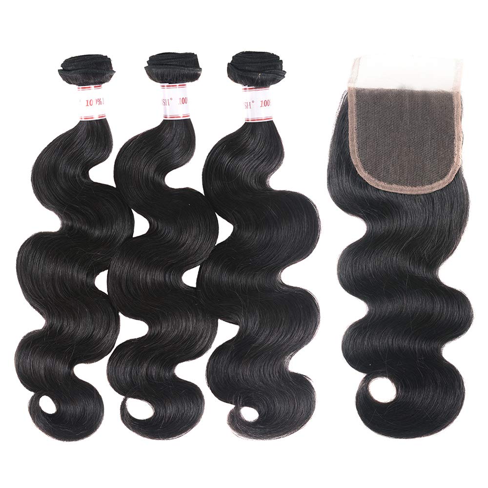 Kdmidun Body Wave Bundles with Closure Human Hair (14 16 18+12) 100% Unprocessed Brazilian Body Wave Human Hair Bundles with 4x4 Lace Closure Free Part Natural Color (Bundles with Closure)