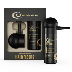 omwah natural hair fibers for thinning hair - 2-in-1 kit 27.5g bottle - natural undetectable thick hair fibers & spray applicator pump nozzle, conceals hair loss (dark brown)