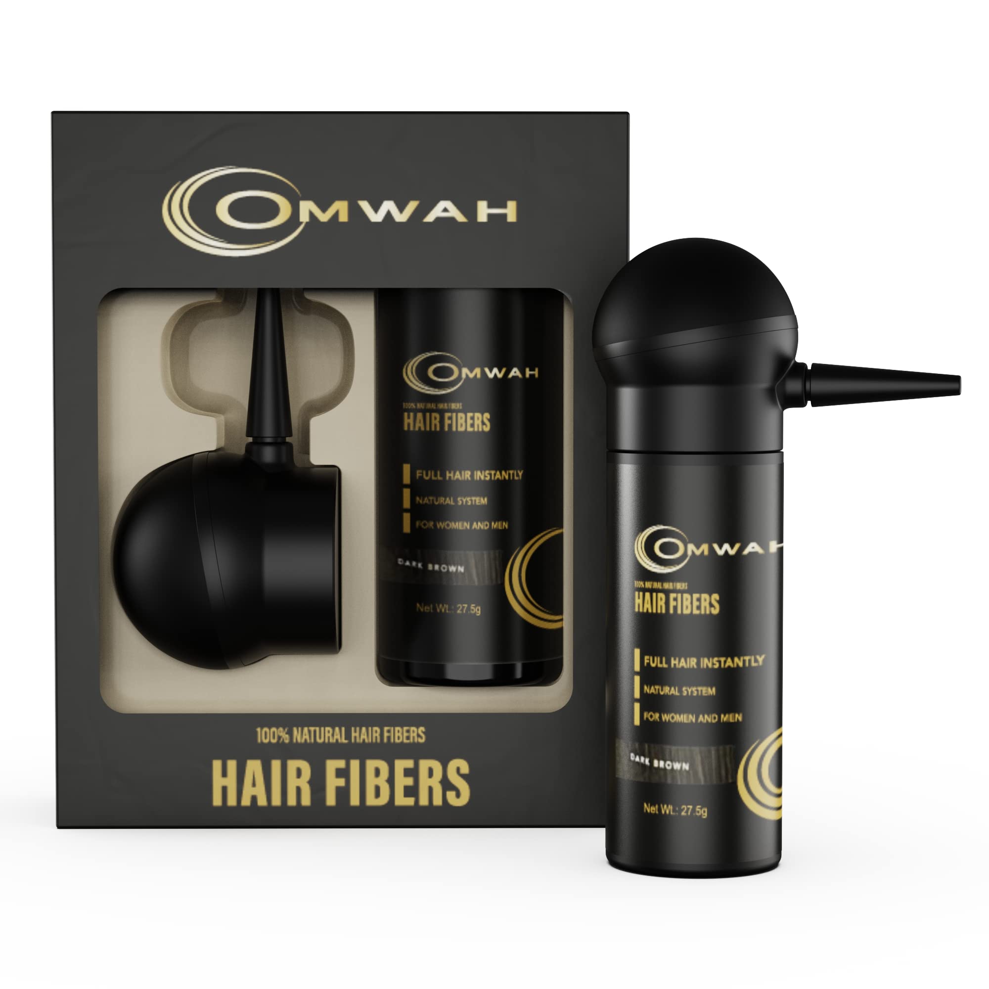 OMWAH Natural Hair Fibers for Thinning Hair - 2-in-1 Kit 27.5g Bottle - Natural Undetectable Thick Hair Fibers & Spray Applicator Pump Nozzle, Conceals Hair Loss (Dark Brown)