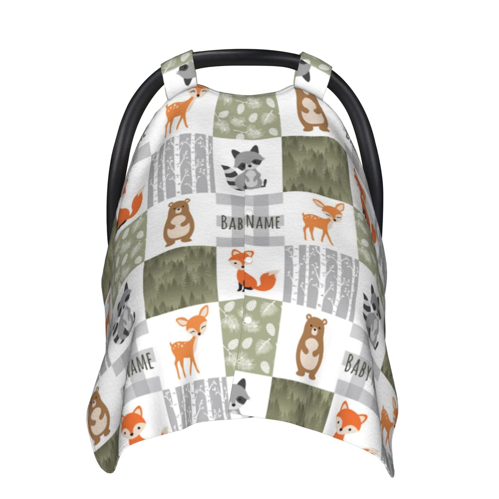 Personalized Woodland Animals Baby Car Seat Canopy for Babies with Name, Custom Car Seat Covers Boys Girls, Peekaboo Opening Minky Nursing Breastfeeding Cover Infant Car Seat Canopies for Newborn