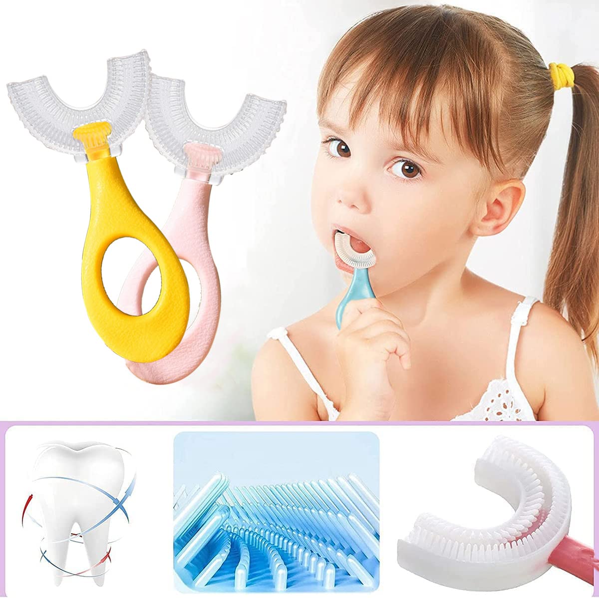 CUKEYOUZ 3 Pack Kids U Shaped Toothbrush with Silicone Brush Head,360 U-Shaped Toothbrush Manual U Shaped Toothbrush for Children Training Teeth Cleaning (Ages 2-12)