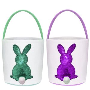 2 pack easter basket for kids, easter bunny basket for boys girls for easter hunt, canvas easter basket with handles easter gifts bags easter party favors for easter eggs (purple and green)