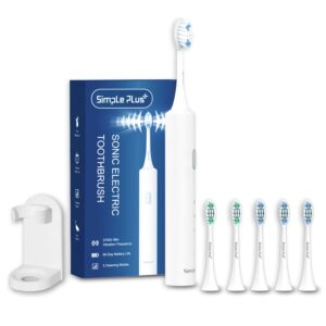 simple plus+ ultrasonic electric toothbrush with 5 brush heads replacement, rechargeable toothbrush for adults, 90 days 37000vpm,3 modes with 2 minutes smart timer, ultrasonic toothbrushes