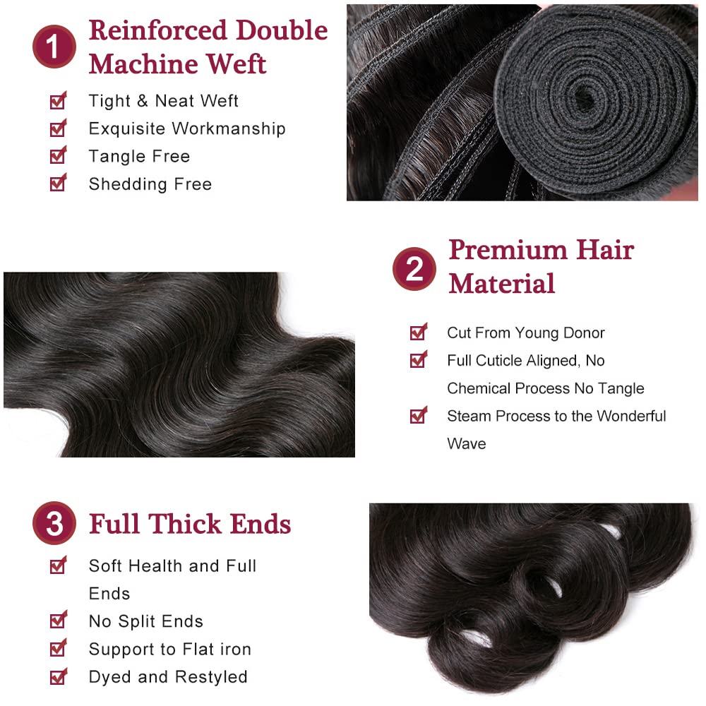 Kdmidun Body Wave Bundles with Closure Human Hair (14 16 18+12) 100% Unprocessed Brazilian Body Wave Human Hair Bundles with 4x4 Lace Closure Free Part Natural Color (Bundles with Closure)