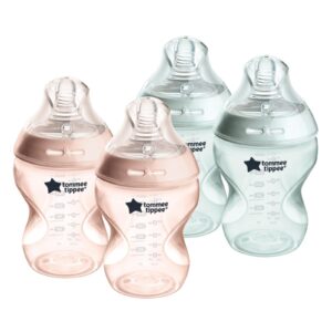 tommee tippee baby bottles, natural start anti-colic baby bottle with slow flow breast-like nipple, 9oz, 0m+, self-sterilizing, baby feeding essentials, pink & green, pack of 4