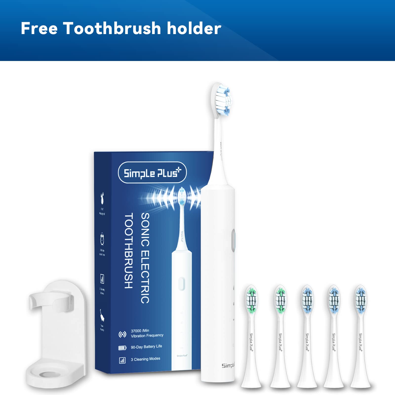 Simple Plus+ Ultraonic Electric Toothbrush Ultra Clean, Ultrasonic Automatic Toothbrush with 5 Brush Heads for Adults, Fast Charge 90 Days Battery Life, Cordless and Soft Electric Toothbrush