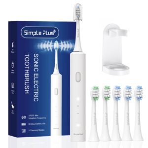 simple plus+ ultraonic electric toothbrush ultra clean, ultrasonic automatic toothbrush with 5 brush heads for adults, fast charge 90 days battery life, cordless and soft electric toothbrush