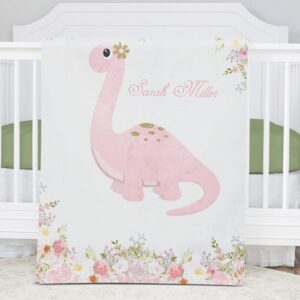 NZOOHY Pink Floral Girl Dinosaur Baby Blanket Personalized Girl Boy Soft Warm Newborn Throw Naps Swaddle Custom Blanket 30X40 in