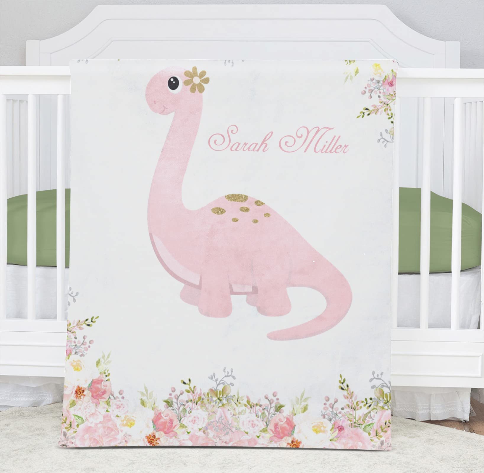 NZOOHY Pink Floral Girl Dinosaur Baby Blanket Personalized Girl Boy Soft Warm Newborn Throw Naps Swaddle Custom Blanket 30X40 in