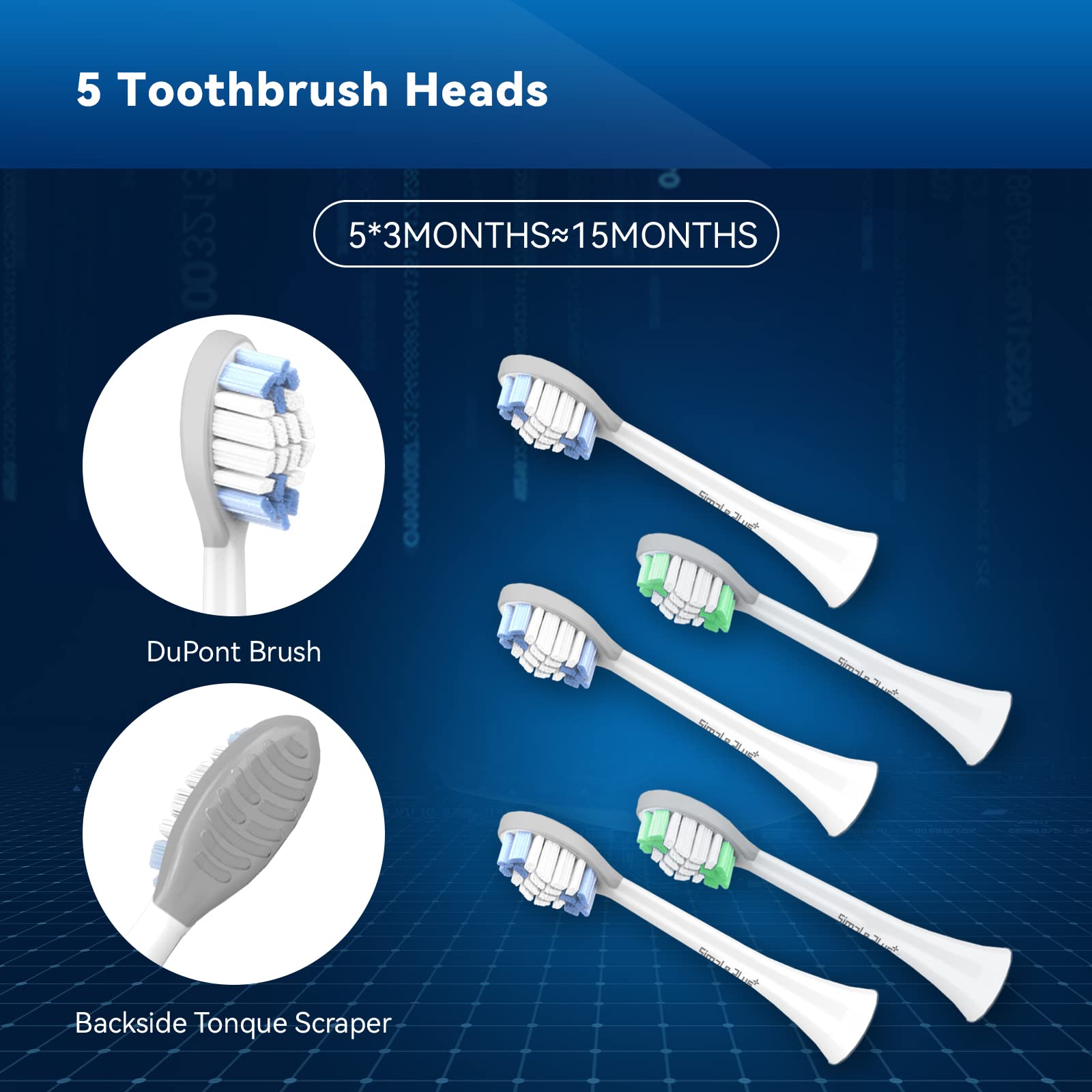 Simple Plus+ Ultraonic Electric Toothbrush Ultra Clean, Ultrasonic Automatic Toothbrush with 5 Brush Heads for Adults, Fast Charge 90 Days Battery Life, Cordless and Soft Electric Toothbrush