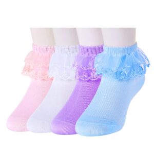 sockfun girls ruffle socks for kids - frilly lace socks for girls baby toddler child, white dress socks for girls blue 4-6 years