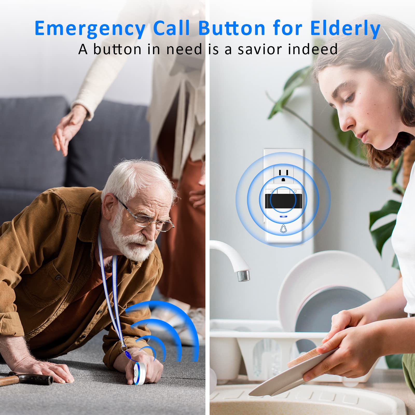 Caregiver Pager, Wireless Call Button for Elderly/Senior at Home, 500 Feet Medical Life Alert System with 2-SOS Buttons and 2-Pagers, Emergency Panic Call Bell for Nurse Calling, Patient Assistance