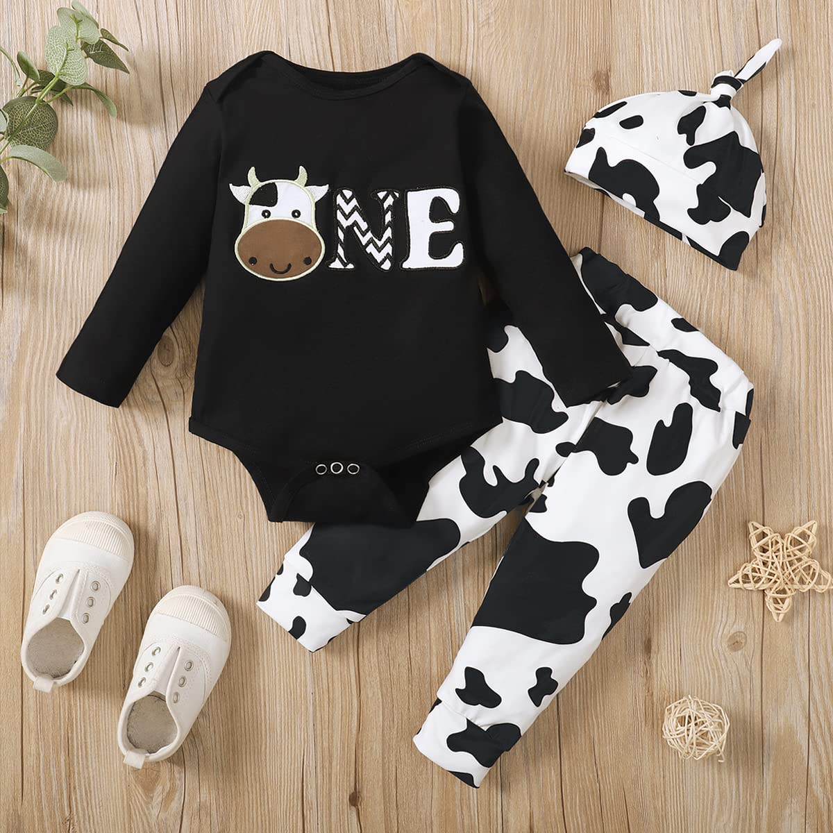 Detigee Baby Boy First Birthday Outfit Infant One Year Old Clothes Baby Cow Outfit (Black,12-18 Months)