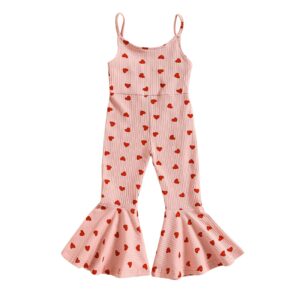 guodeunh toddler baby girls bell-bottoms jumpsuit ribbed sleeveless spaghetti straps romper heart print valentine's day outfit (pink, 4-5t)