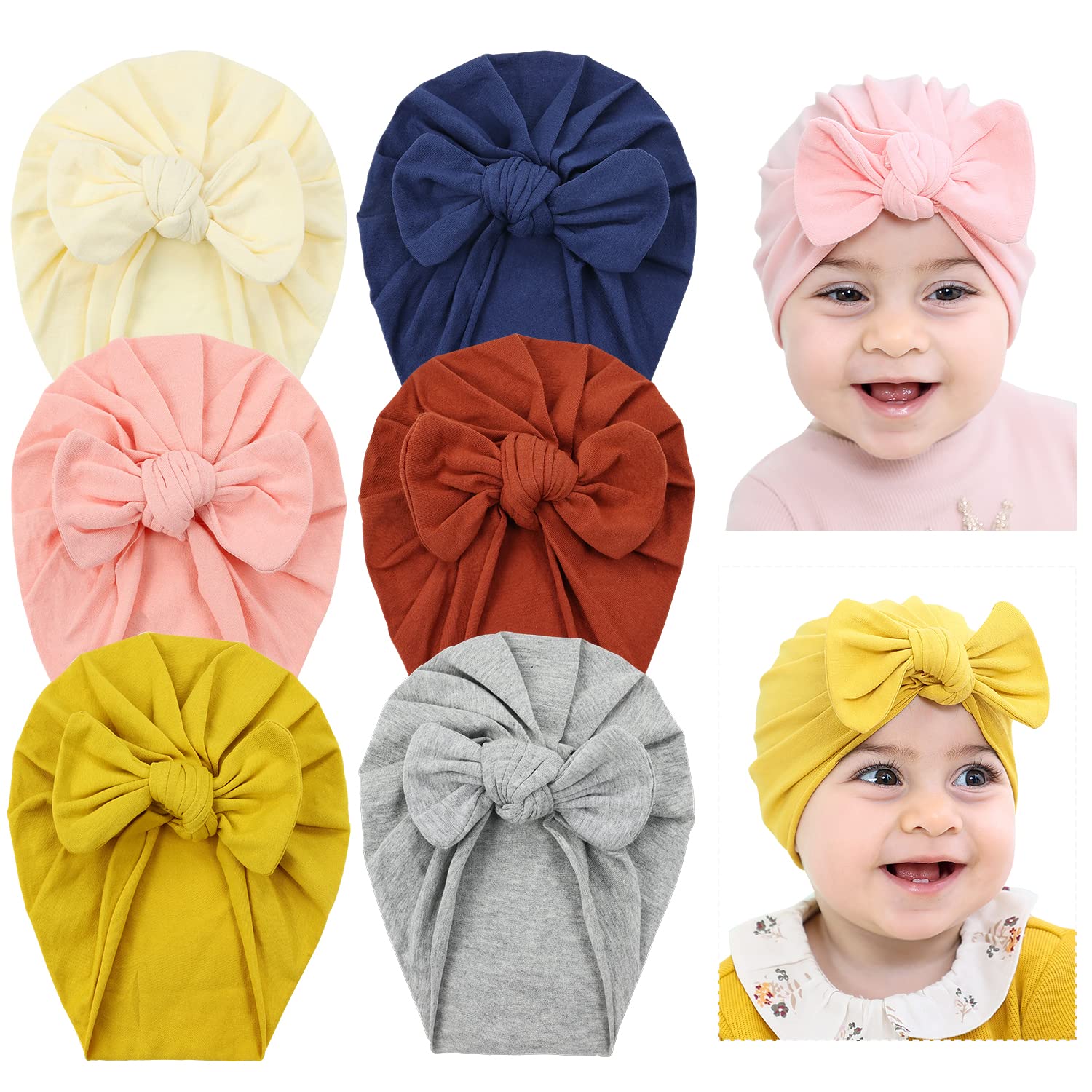 Cinaci 6 Pack Soft Stretchy Turban Hats with Knotted Big Bow Caps Beanies Bonnets Headwraps Hair Accessories for Baby Girls Newborns Infants Toddlers Kids