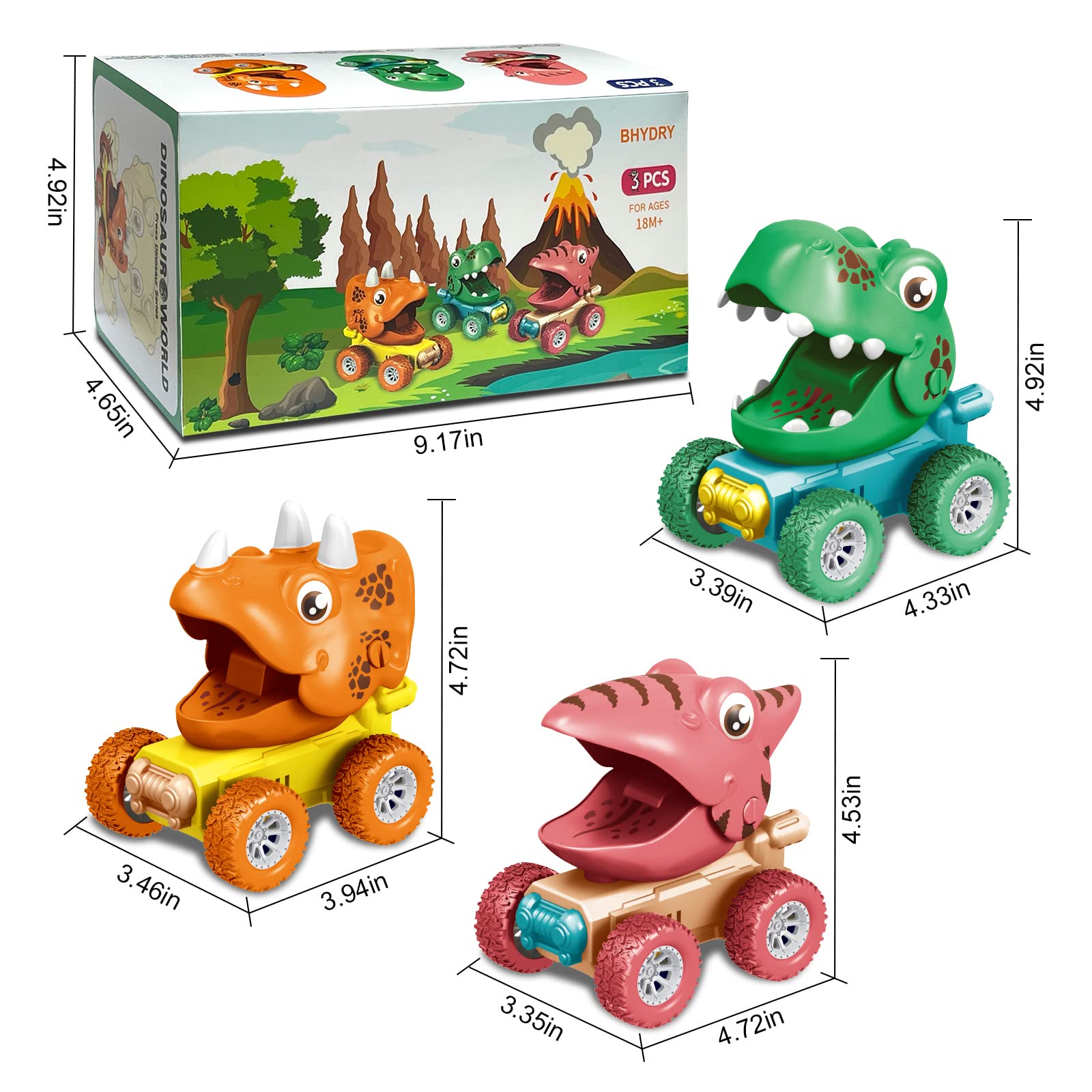 Dinosaur Cars Toys - 3Pcs Dinosaur Monster Trucks Car Toy with Light and Music, Dinosaur Toys for 18 Months+ Year Old Boy