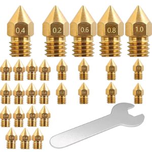 24pcs 3d printer extruder nozzles,ender 3 mk8 brass nozzle 0.2mm, 0.4mm, 0.6mm, 0.8mm, 1.0mm with excellent heat conductivity, compatible with creality cr-10,ender 3 v2, 3, 5, 3pro,prusia i3 etc