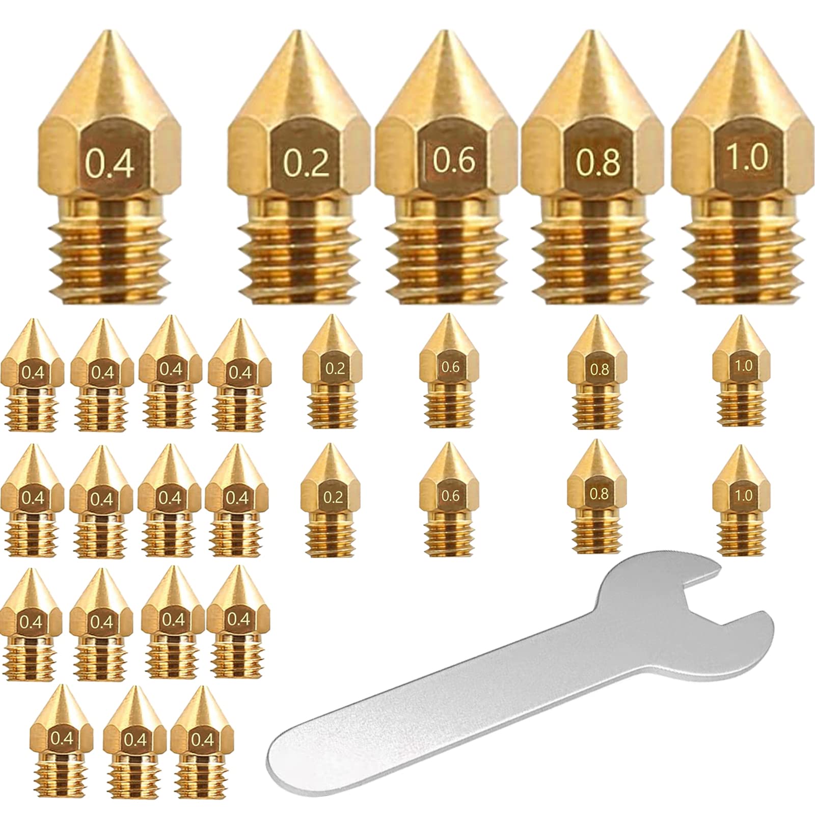 24pcs 3D Printer Extruder Nozzles,Ender 3 MK8 Brass Nozzle 0.2mm, 0.4mm, 0.6mm, 0.8mm, 1.0mm with Excellent Heat Conductivity, Compatible with Creality CR-10,Ender 3 v2, 3, 5, 3pro,Prusia i3 etc