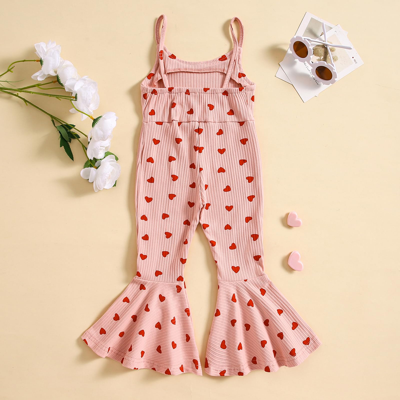 Guodeunh Toddler Baby Girls Bell-Bottoms Jumpsuit Ribbed Sleeveless Spaghetti Straps Romper Heart Print Valentine's Day Outfit (Pink, 4-5T)