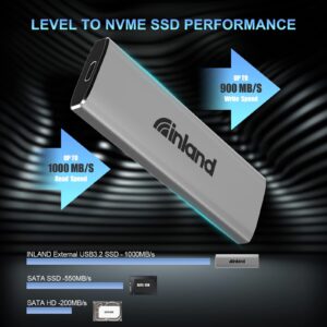 INLAND Premium 512GB External SSD USB 3.2 Gen 2 Type-C, Read/Write Speed up to 1000MB/s and 900MB/s, Portable Solid State Drive with Type-C to C & Type-C to A Cable for PC/Laptop/Windows/Mac OS