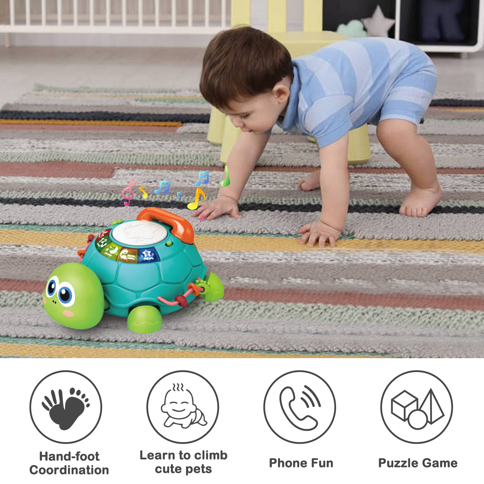 Growinlove Baby Musical Crawling Turtle Toy, Multifunction Early Educational Music Toys, Baby Light Up Crawling Toys, Great Gifts for Baby Infants Toddlers Boys Girls