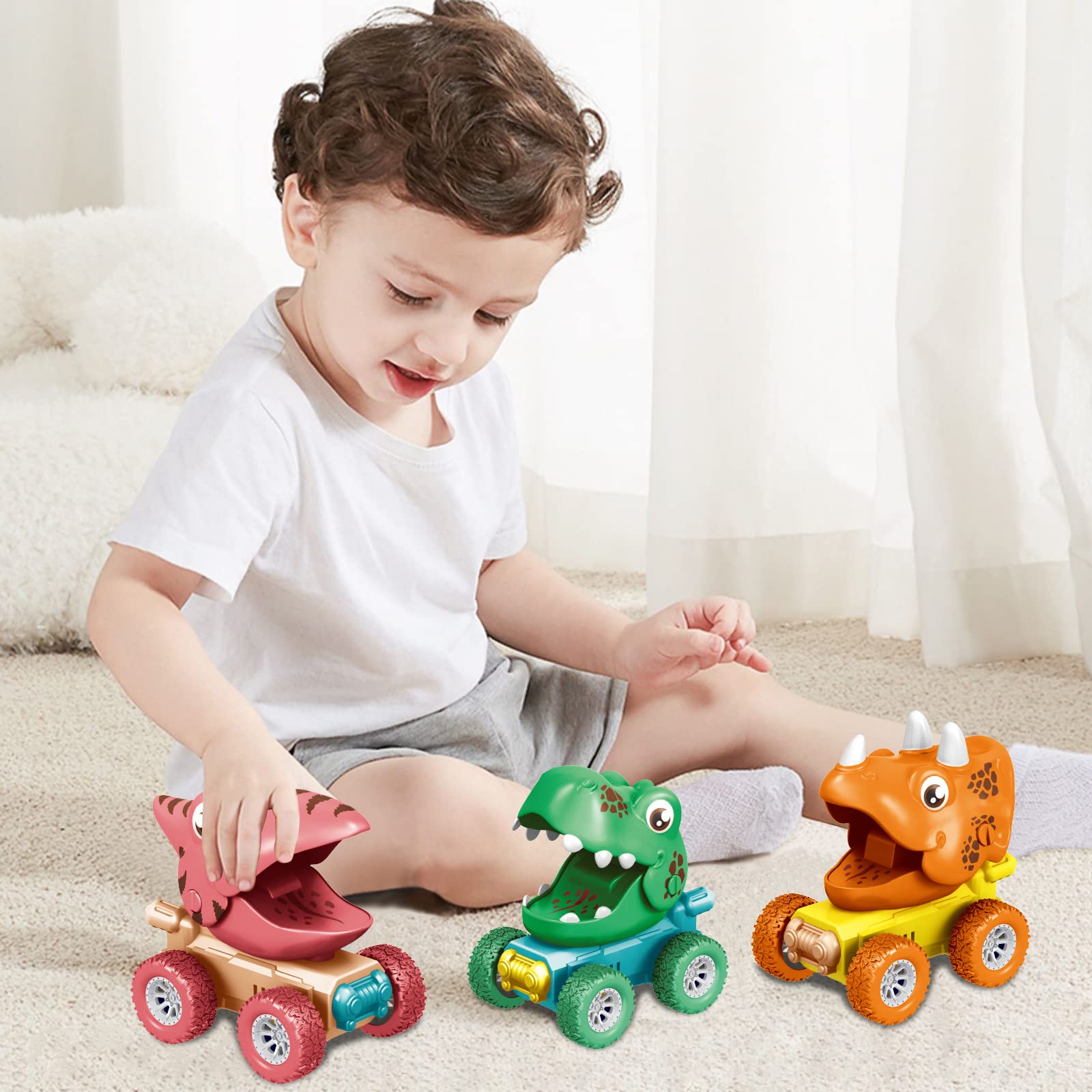 Dinosaur Cars Toys - 3Pcs Dinosaur Monster Trucks Car Toy with Light and Music, Dinosaur Toys for 18 Months+ Year Old Boy