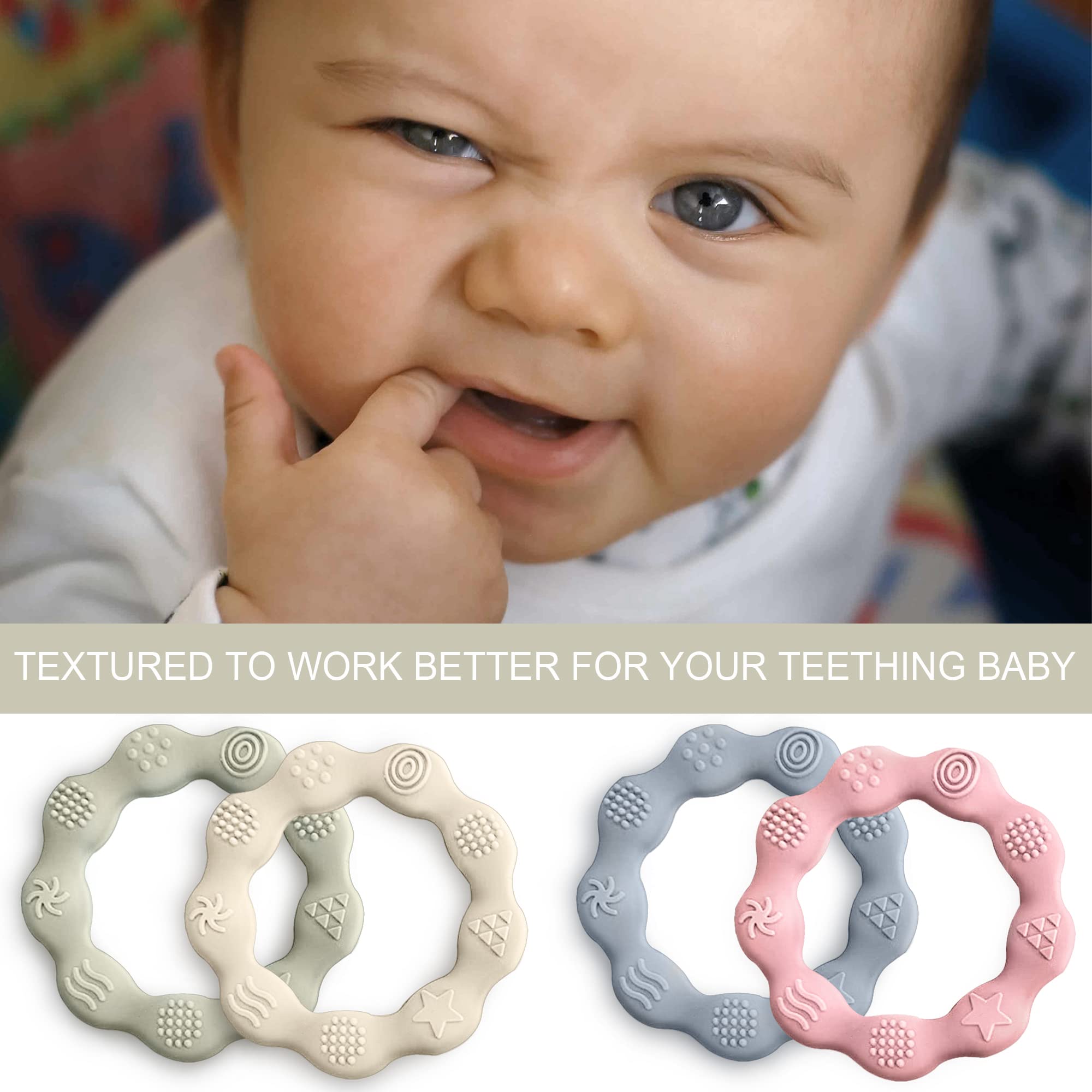 KIDSco. 2 Pcs Silicone Teething Rings for Babies | Infant Teething Toys for Babies 6-12 Months | Food Grade Silicone Baby Toy Rings (Green and Cream)