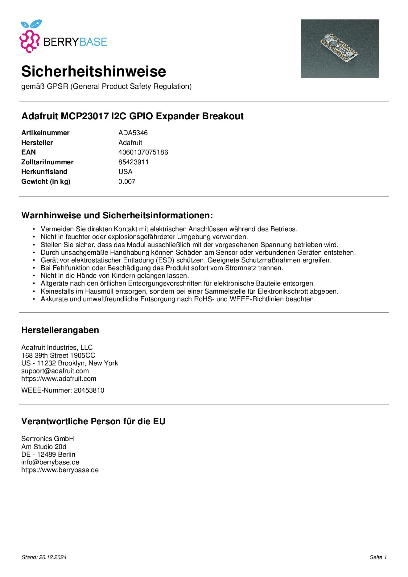 MCP23017 I2C GPIO Expander Breakout - Stemma QT/Qwiic Ada 5346