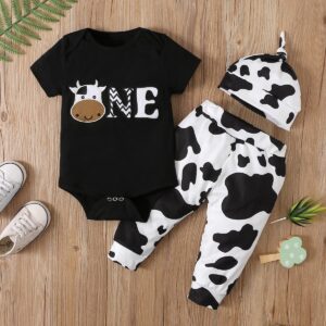 Detigee Baby Boy First Birthday Outfit Newborn One Year Old Clothes Baby Cow Outfit (Black,6-12 Months)