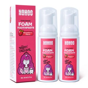 nohoo foam toothpaste kids with fruit flavor, 2 pack fluoride free natural formul, foam toothpaste for electric toothbrush,suitable for toddler's oral cleaning and cavity prevention