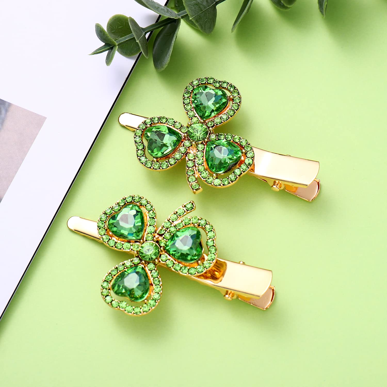 St Patrick's Day Hair Clips Rhinestone Shamrock Alligator Metal Clip Funny Irish Green Lucky Clover Hairpins Large Crystal Hair Barrettes for Women Girls Party Styling Hair Accessory