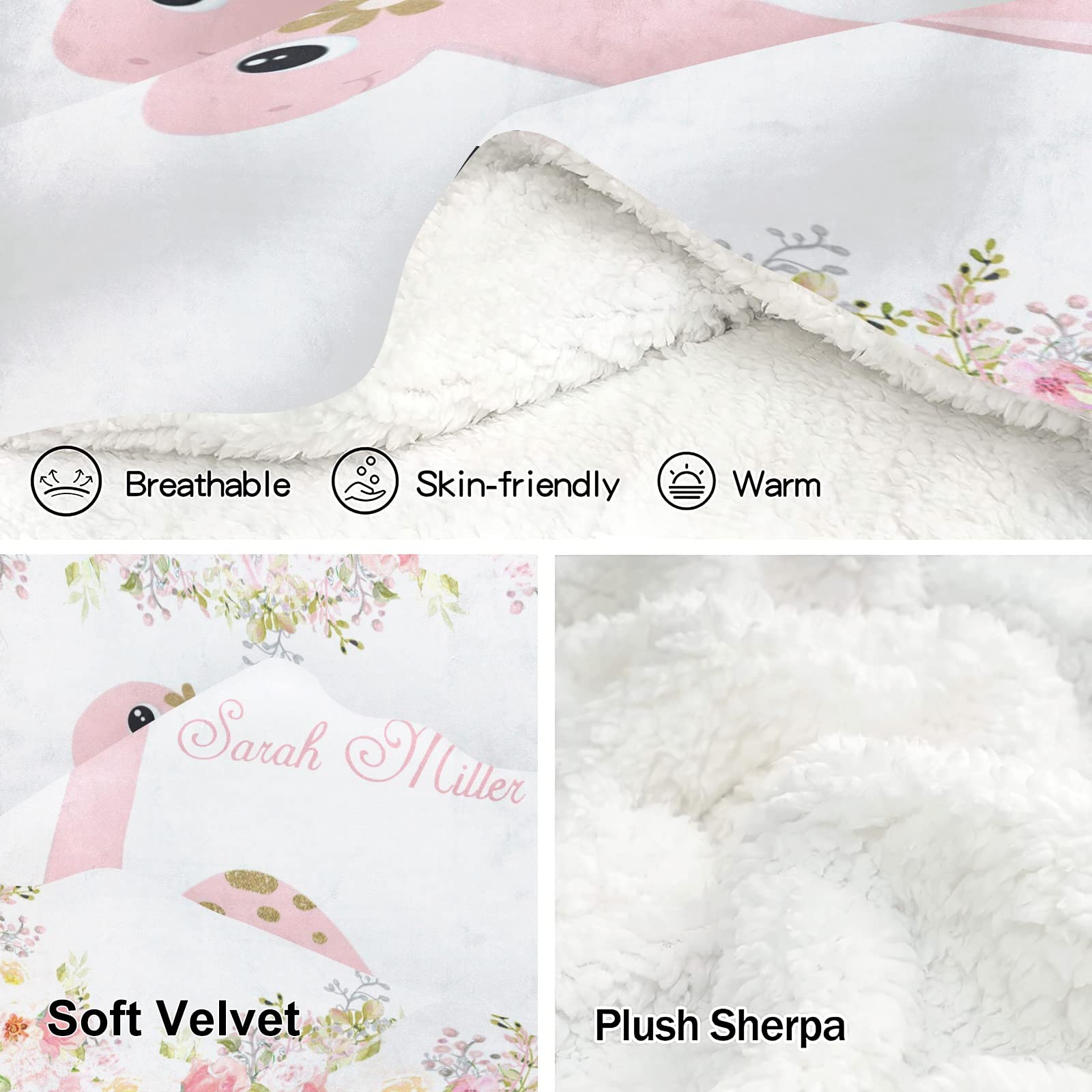 NZOOHY Pink Floral Girl Dinosaur Baby Blanket Personalized Girl Boy Soft Warm Newborn Throw Naps Swaddle Custom Blanket 30X40 in