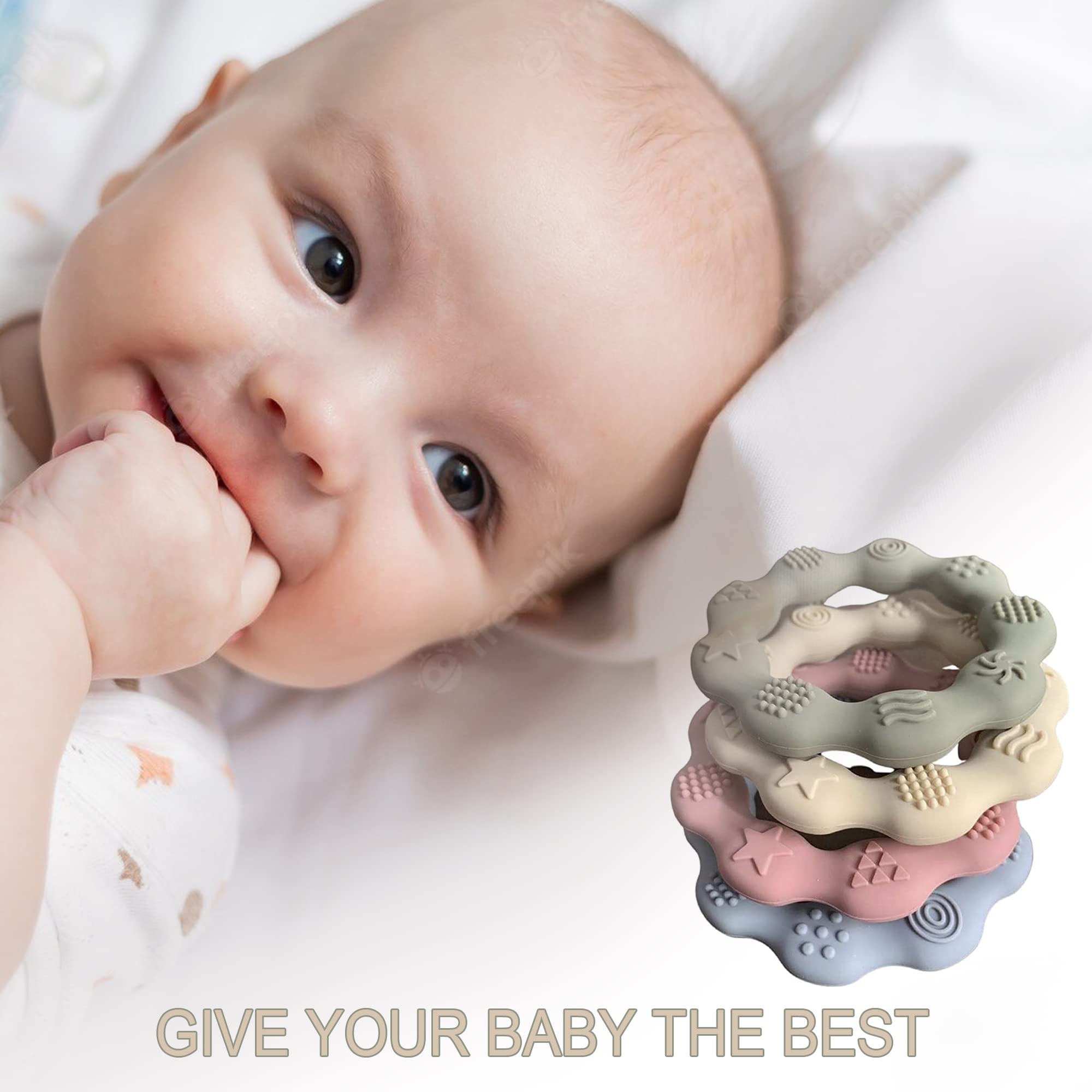 KIDSco. 2 Pcs Silicone Teething Rings for Babies | Infant Teething Toys for Babies 6-12 Months | Food Grade Silicone Baby Toy Rings (Green and Cream)